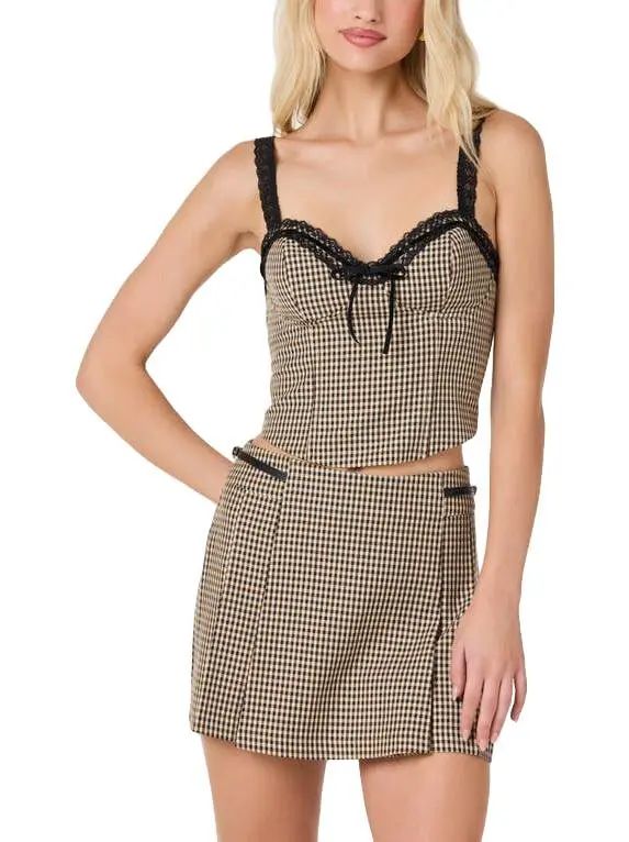 Astr The Label Lace Trim Corset Top - Brown Black Gingham
