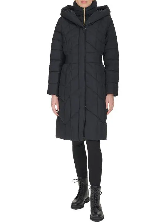 Cole Haan Taffeta Puffer Coat With Quilted Zip Bib - Black