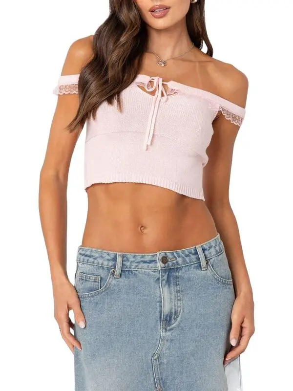 EDIKTED Lace Trim Knit Crop Top - Light-pink