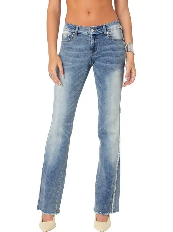 EDIKTED Distressed Low Rise Flare Jeans - Blue-washed