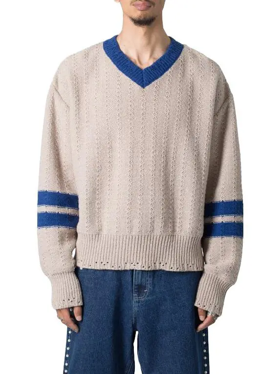 Mnml Varsity V-neck Sweater - Off White/blue