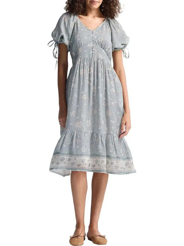 REISTOR Puff Sleeve Floral Midi Dress - Sage Green