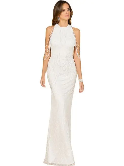 LARA NEW YORK Halter Neck Beaded Gown With Fringe - Ivory