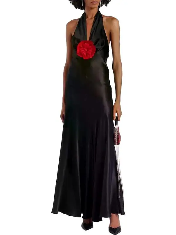 RODARTE Silk Satin Maxi Dress With Appliqu - Black