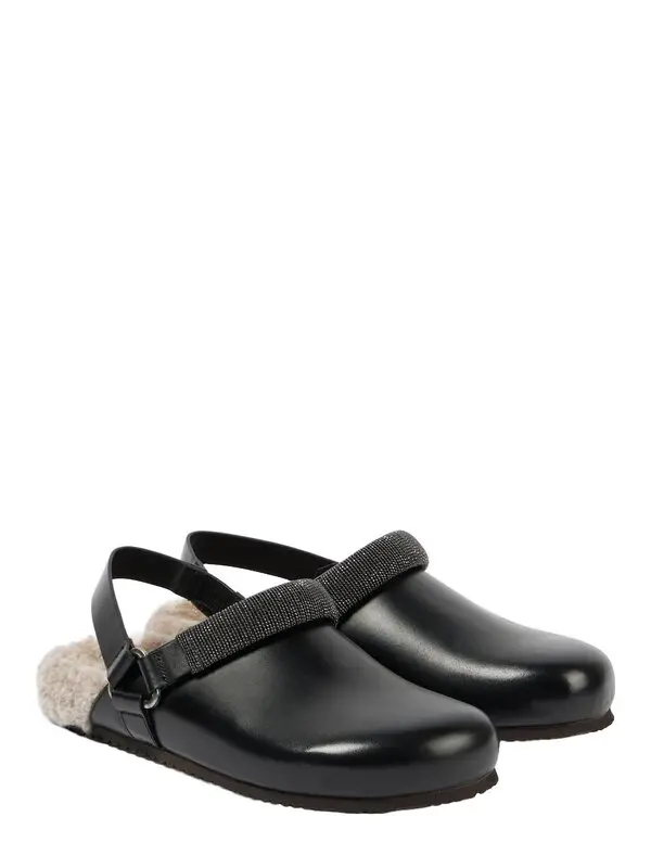 Brunello Cucinelli Monili Shearling-lined Leather Clogs - Black
