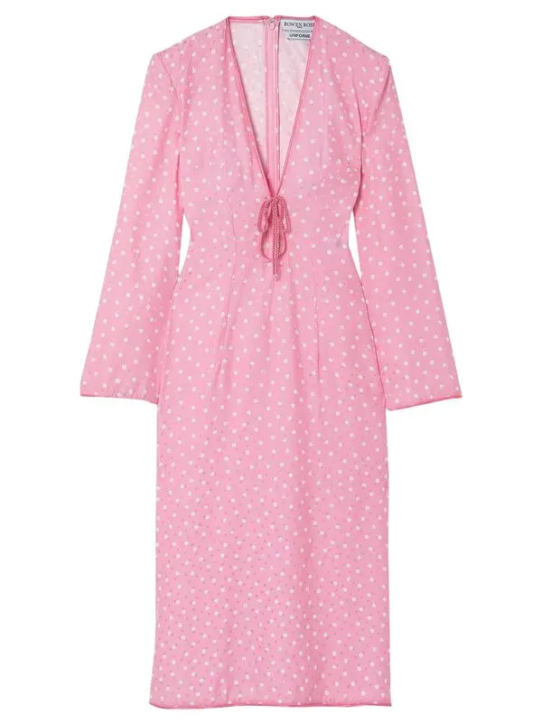 ROWEN ROSE Tie-detailed Printed Silk Midi Dress - Baby Pink
