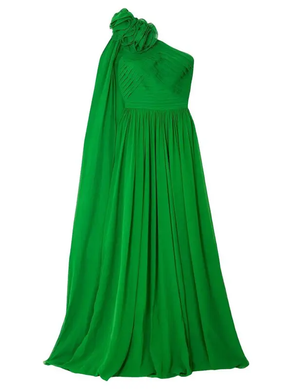 Elie Saab One-shoulder Pleated Silk Gown With Floral Appliqu - Green