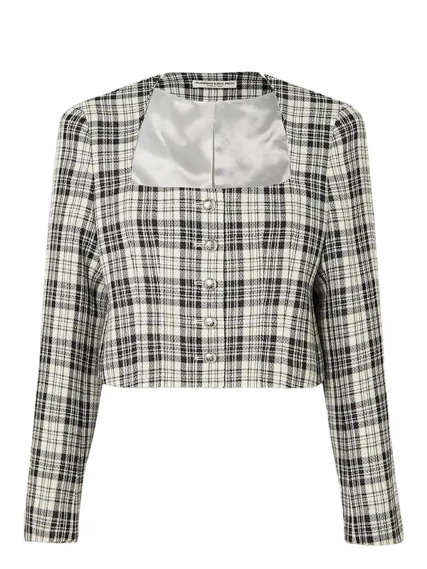 Alessandra Rich Cropped Prince Of Wales Checked Wool Jacket - White