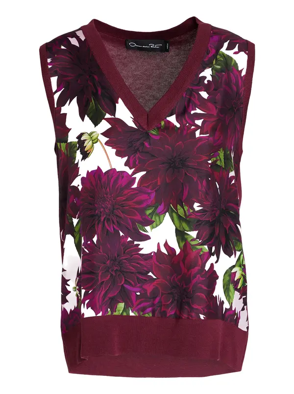 Oscar De La Renta Floral-print Twill-paneled Silk-blend Vest - Burgundy