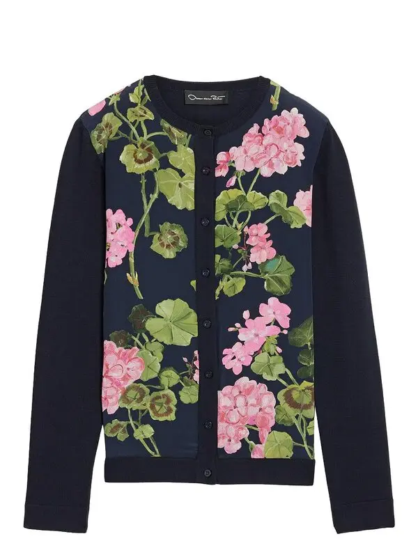 Oscar De La Renta Floral-print Paneled Cardigan - Midnight Blue