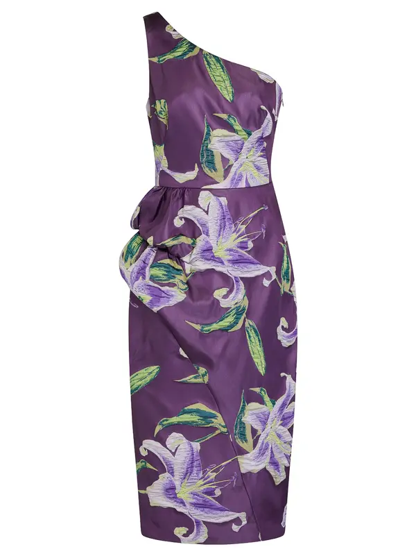 Marchesa One-shoulder Floral-jacquard Midi Dress - Purple