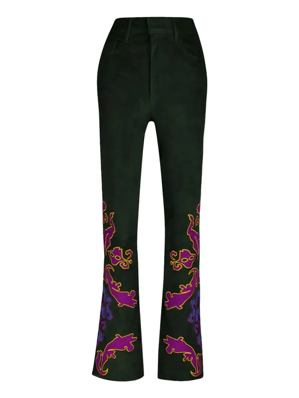 PAULA S Embroidered Suede Trousers - Green