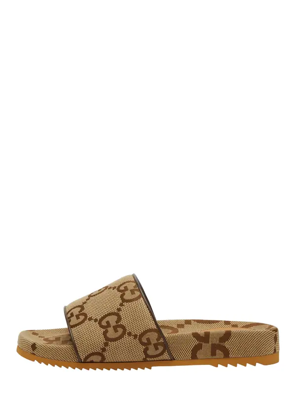 Gucci Sideline Jumbo Gg Jacquard Slides - Camel