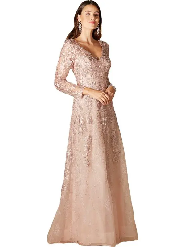 LARA NEW YORK Long Bell Sleeve V-neck Beaded Gown - Blush