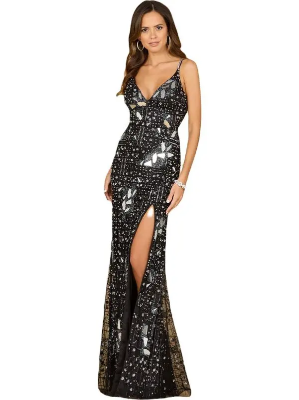 LARA NEW YORK Mirror Beaded Gown With Slit - Black