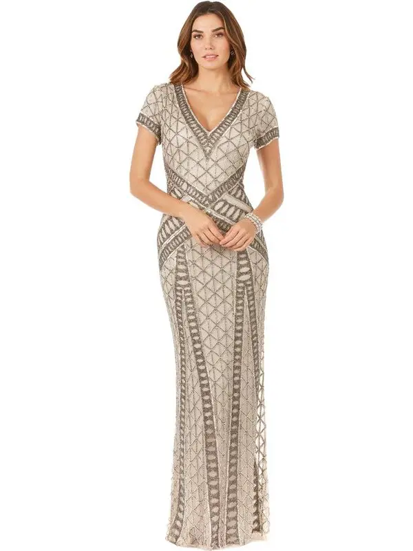 LARA NEW YORK Beaded V-neck Gown - Silver