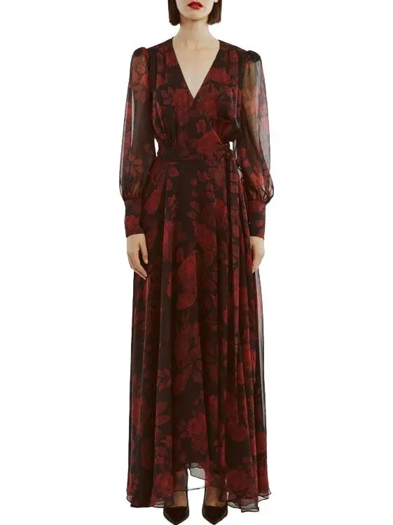Bardot Lucianna Long Sleeve Maxi Wrap Dress - Red Floral