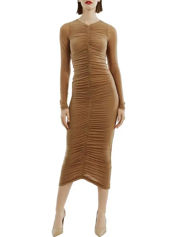 Bardot Jaya Gathered Mesh Body-con Dress - Tan