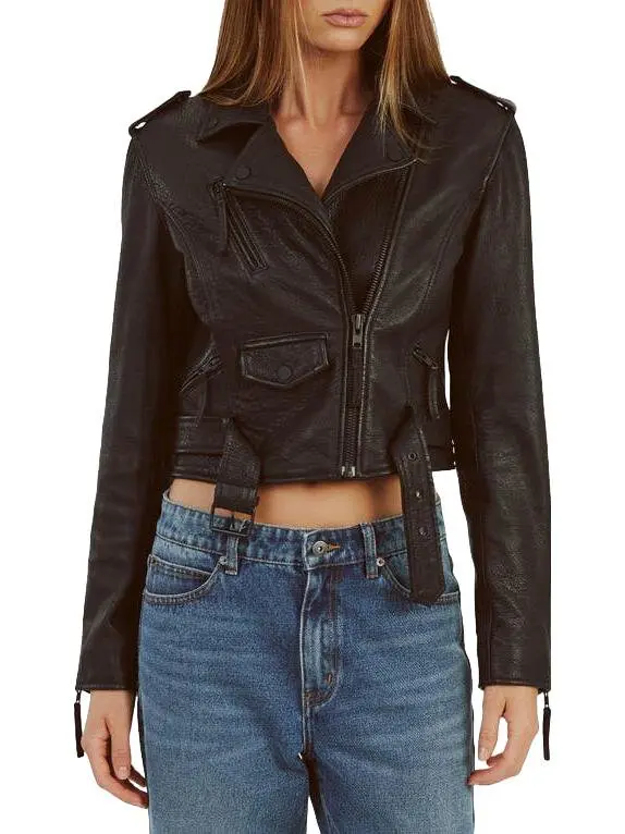 Bardot Crop Leather Moto Jacket - Black