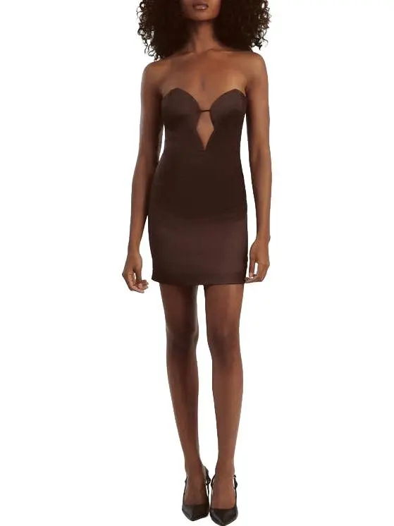 Bardot Eleni Plunge Neck Strapless Satin Minidress - Chocolate