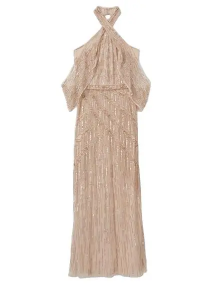 RAISHMA Embellished Cross Front Maxi Dress - Nude