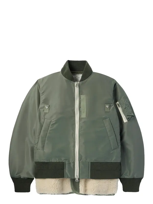 Sacai Layered Twill And Fleece Bomber Jacket - Green