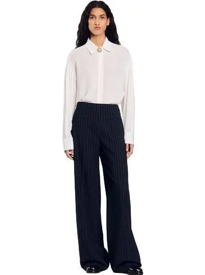 Sandro Chalk Stripe Wide Trousers - Black