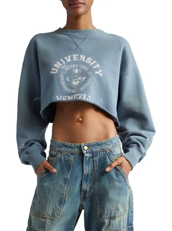 GOLDEN GOOSE Journey Crop Graphic Sweatshirt - Windward Blue/heritage White