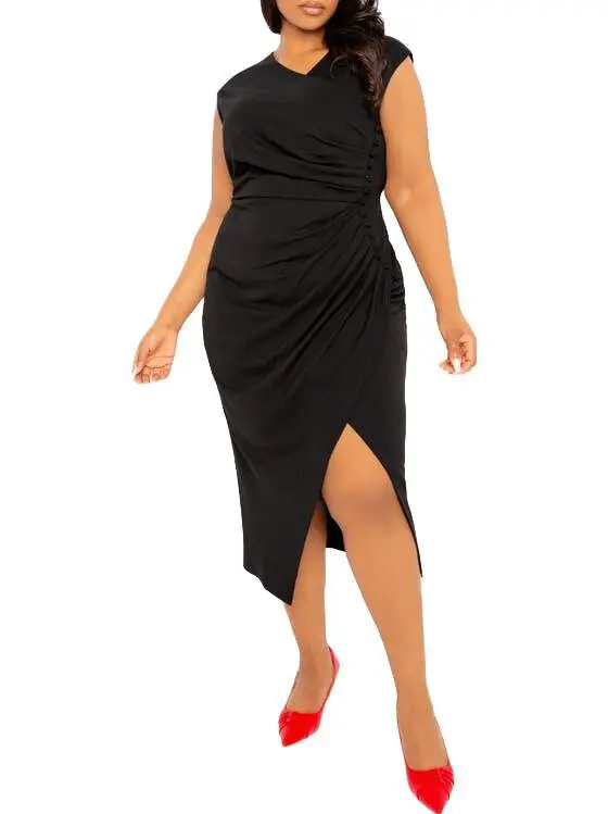 BUXOM COUTURE Asymmetric Button Detailed Faux Wrap Midi Dress - Black