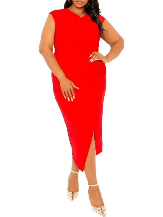 BUXOM COUTURE Asymmetric Button Detailed Faux Wrap Midi Dress - Red