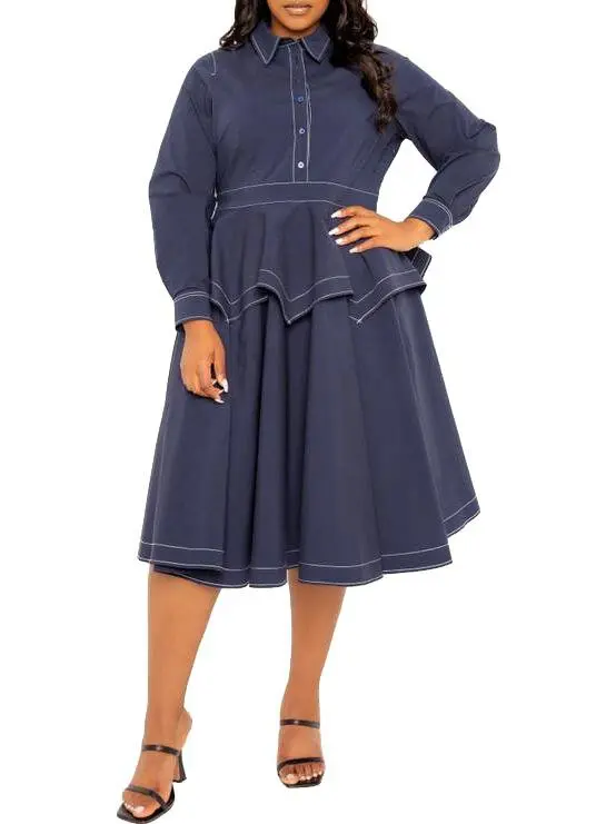 BUXOM COUTURE Topstitched Long Sleeve Peplum Shirt Dress - Navy