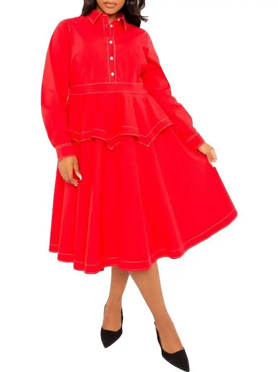 BUXOM COUTURE Topstitched Long Sleeve Peplum Shirt Dress - Red