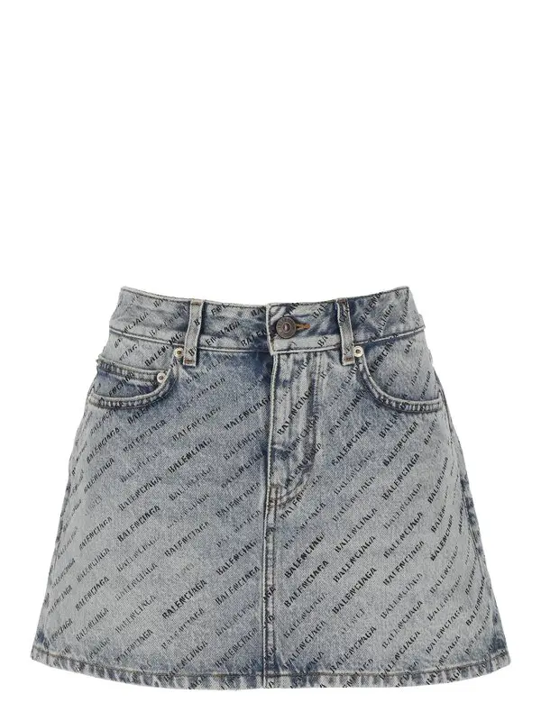 Balenciaga Logo Print Denim Skirt - Blue