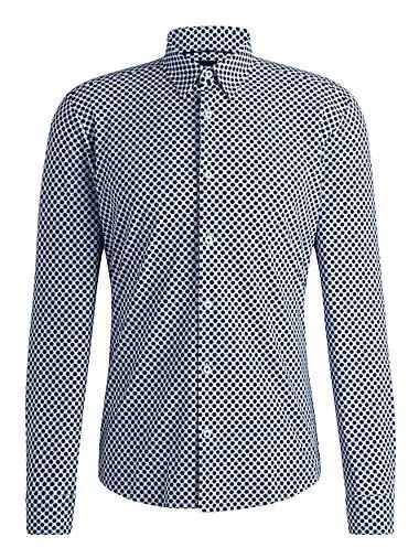 BOSS Slim-fit Micro Square-print Stretch-woven Shirt - Navy