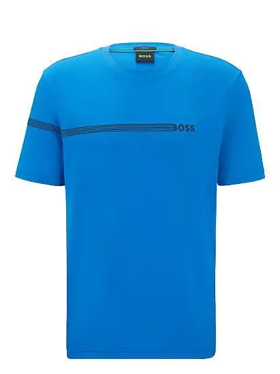 BOSS Stripe And Brand-print Regular-fit Stretch Cotton-blend T-shirt - Open Blue