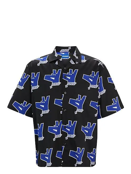 Hugo Logo-print Relaxed-fit Short-sleeve Cotton Shirt Xxl - Black