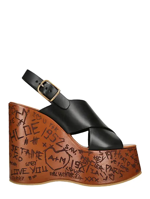 Chloé Maxine Engraved-sole Cowhide Wedge Sandals - Black