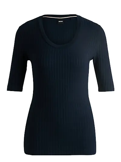 BOSS Scoop-neck Ribbed Stretch-jersey Top - Dark Blue