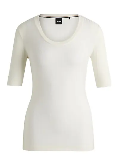 BOSS Scoop-neck Ribbed Stretch-jersey Top - Open White