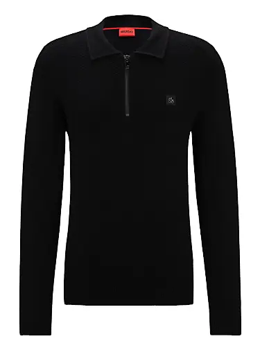 Hugo Logo-embroidered Zip-neck Knitted Jumper - Black