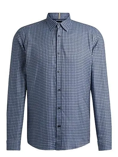 BOSS Regular-fit Geometric-print Chambray Shirt - Navy