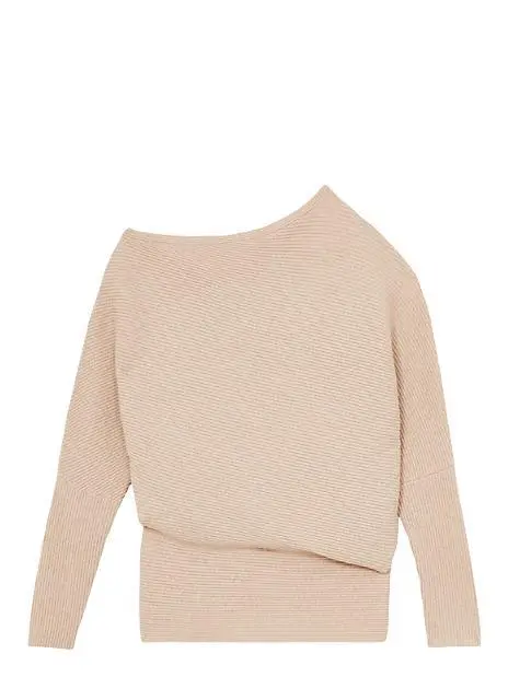 REISS Draped-neck Asymmetric Stretch-knit Jumper - Oatmeal Neutral