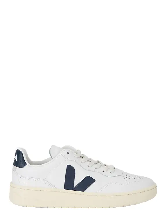 VEJA V-90 Logo-embroidered Low-top Leather Trainers - White/navy