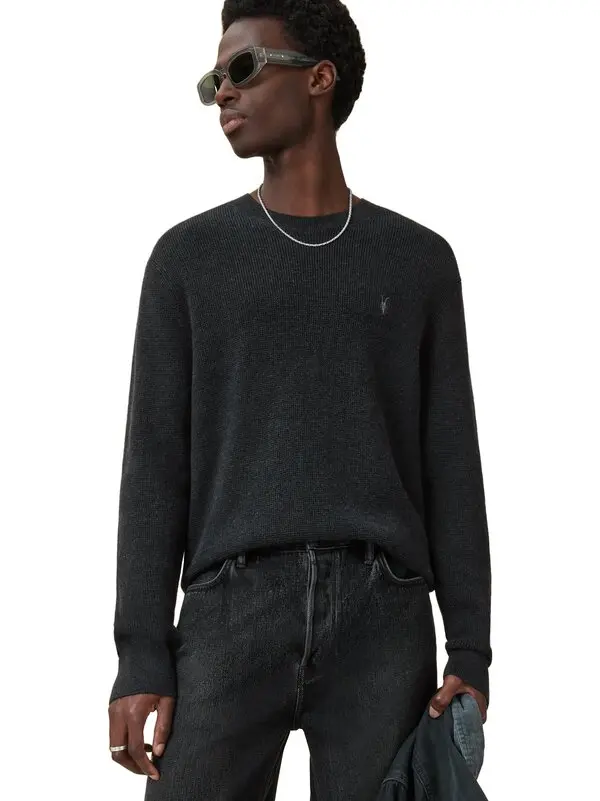 ALLSAINTS Aspen Waffle Texture Crew Neck Sweater With Ramskull Embroidery - Blue