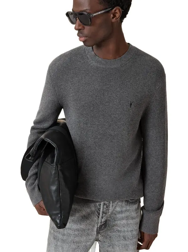 ALLSAINTS Aspen Waffle Texture Crew Neck Sweater With Ramskull Embroidery - Carter Grey