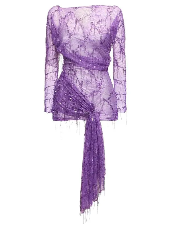 Christopher Esber Encased Beaded Ivy Lace Long Sleeve Mini Dress - Grape