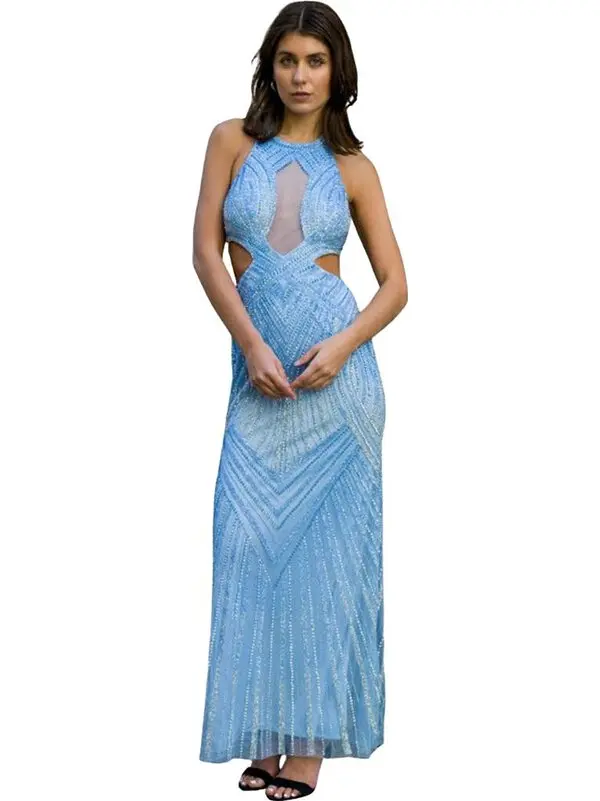 LARA NEW YORK Halterneck Beaded Dress With Cutouts - Periwinkle