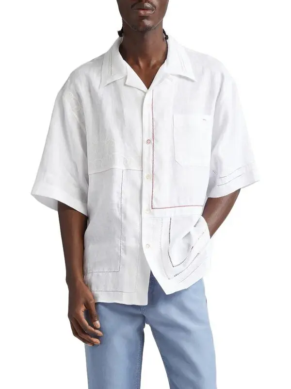 Marni Embroidered Linen Bowling Shirt - Lily/white