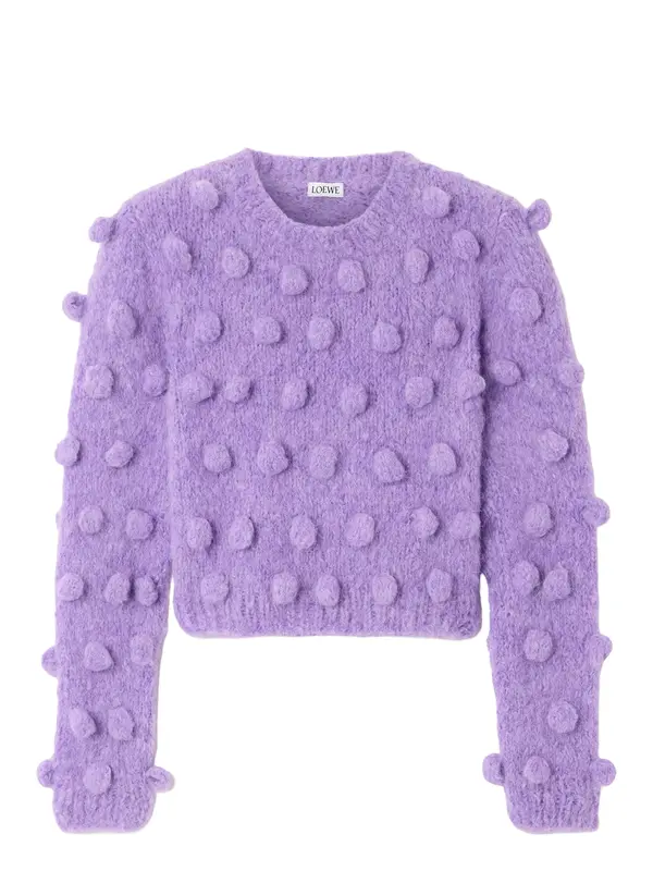 Loewe Cropped Pom Pom-embellished Knitted Sweater - Purple