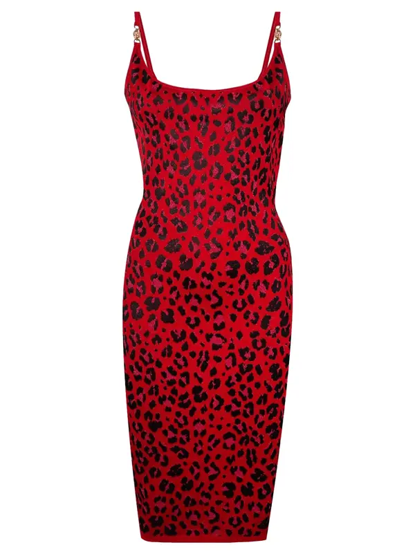 Versace Leopard Lurex Midi Dress - Red